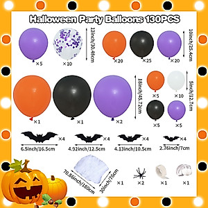 Halloween Balloons Garland Arch Kit,130PCS Halloween Party Balloons with Spider Web,Bats Stickers,Purple Orange and Black Balloons for Halloween Party Decorations Halloween Birthday Baby Shower