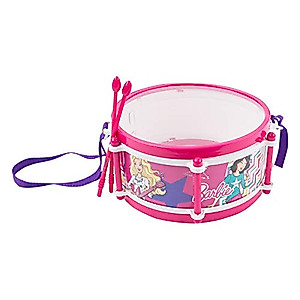 Sakar Barbie Six Piece Kids Drum Kit Musical Barbie Toys, Drum Set for Kids Music & Education, Comes with 4 Kids Instruments, 2 Drum Sticks, Bonus Toy Strap for Drums