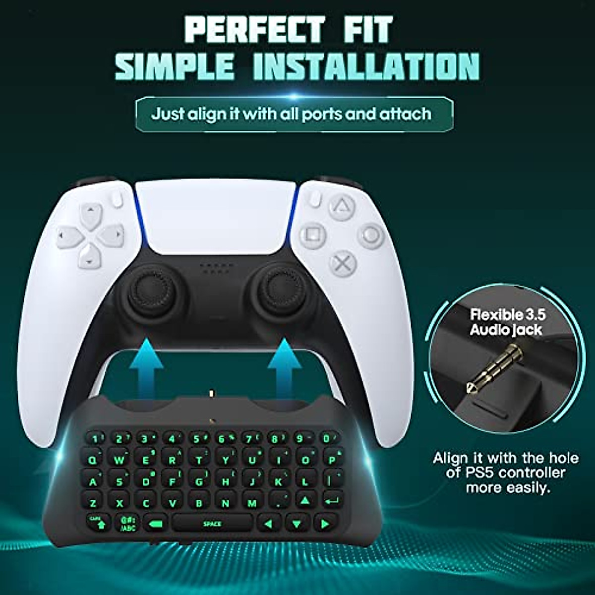 TiMOVO Green Backlight Keyboard for PS5 Controller, Wireless Bluetooth Keypad Chatpad for Playstation 5 Controller, Mini Game Keyboard Built-in Speaker with 3.5mm Audio Jack for Messaging, Black