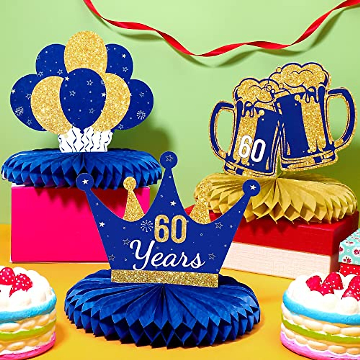 8 Pieces Gold and Blue 60th Birthday Table Centerpieces, 60th Birthday Honeycomb Table Centerpieces, 60th Birthday Table Decorations Birthday Party Supplies for 60th Table Birthday Decorations