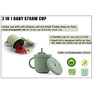 Silicone Feeding Utensils Set 8Pcs For Baby- Led Weaning Essentials-Divided Suction Plate-Lid-Bowl-Fork-Spoon-Adjustable Bib-2in1 Drinking + Snack Cup, Gift for Infant and Toddler (Oliver Green)