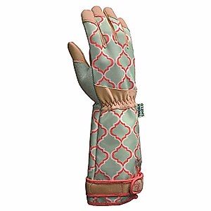 Digz Rose Pruning Vegan Leather Garden Gloves, Long Forearm Protective Cuff with Touchscreen Compatible Finger Tips, Red Geometric Pattern, Medium