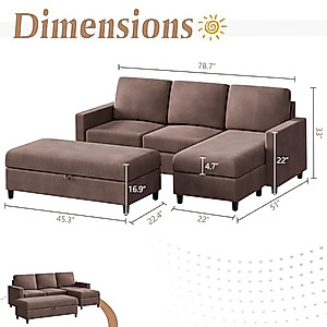 JAMFLY 79'' Sectional Sofa Couch with Storage Ottoman, Living Room Furniture Set Small Deep Convertible Sofa, L-Shaped Couch Wide Reversible Chaise with Linen Fabric (Brown)