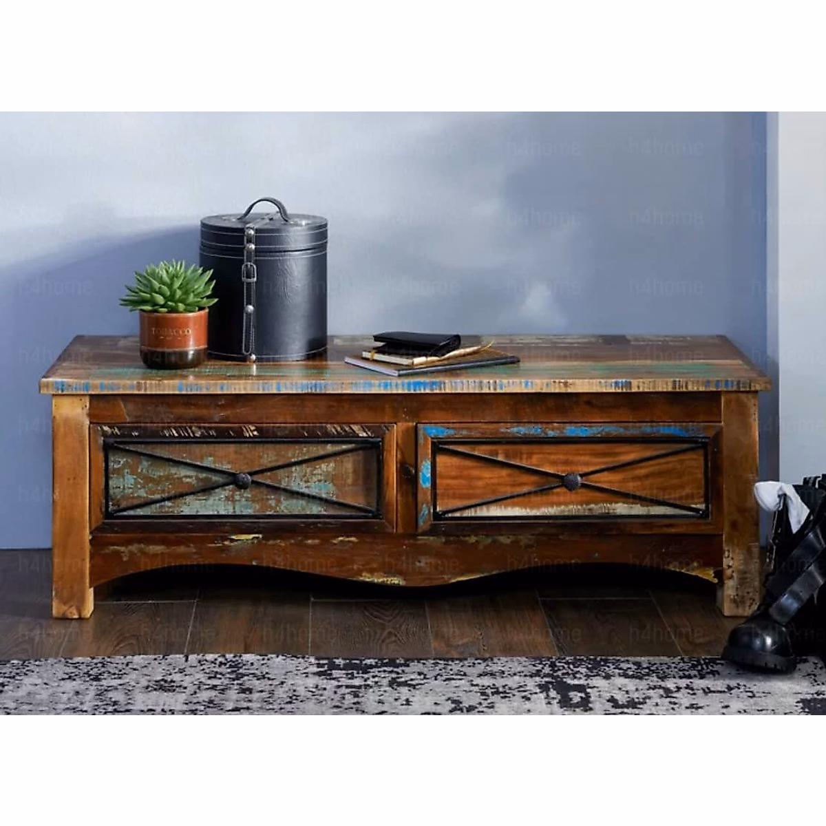 Vintage Industrial TV Stand with 2 Drawers Woodn Entertainment Centers Reclaimed Furniture Rustic Solid Wood Cabinet Retro Style TV Unit