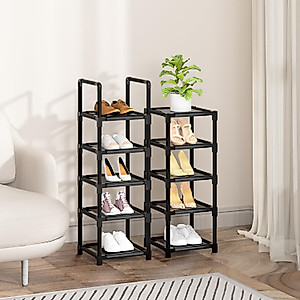 LUKYTOWER Tall Shoe Rack Narrow 10Tier Shoe Racks Organizer for Closet 10-15Pairs, Storage Rack for Shoes with 5Hooks, Sturdy Metal Shoe Shelf, Vertical Skinny Shoe Stand for Small Space