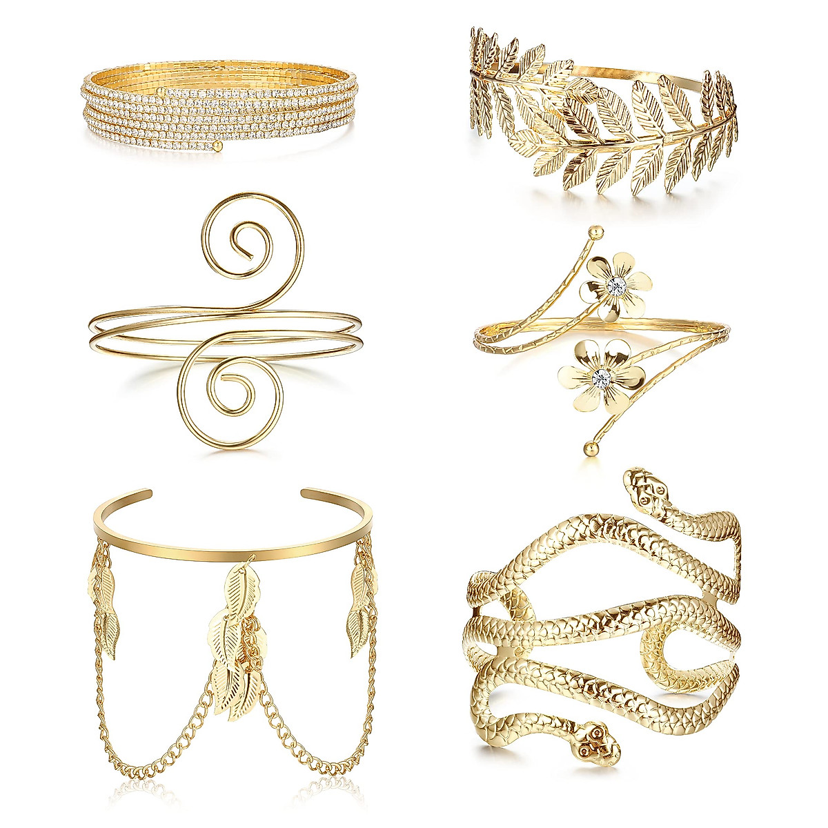 Jstyle 6Pcs Coil Upper Arm Cuff Open Arm Band Bracelet for Women Greek Goddess Filigree Swirl Boho Armlet Bangle Costume Jewelry Adjustable Gold Tone