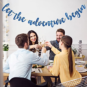 KakaSwa Let the Adventure Begin Banner, Blue Sign Decor for Baby Shower/Bridal Shower, Travel Themed Party Decoration Supplies