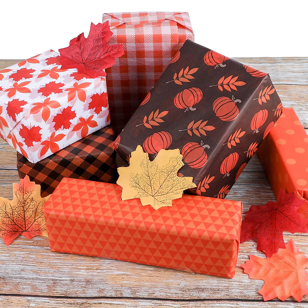 Konsait Thanksgiving Wrap Paper, 120 Sheet Fall Autumn Tissue Paper for Gift Wrapping, Maple Leaves Buffalo Plaid Polka Dot Pumpkin Prints Crafts Paper for Harvest Birthday Festival Bags Party Pompom