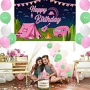 Girl Camping Party Decorations - Pink Camping Party Decorations with Happy Birthday Camping Backdrop, Cake Topper, Banner Garland, Cupcake Topper for Camping Themed Birthday Party Supplies