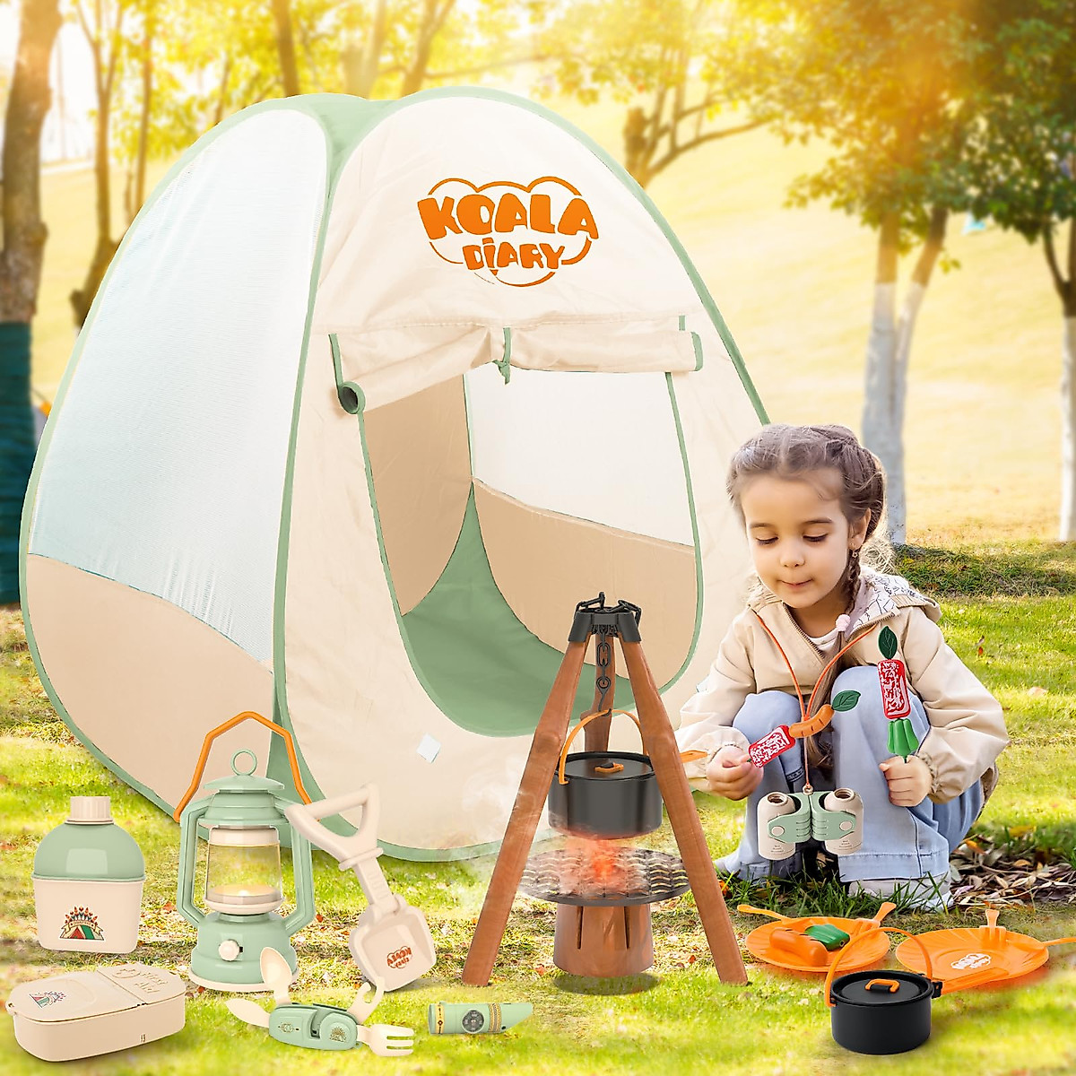 deAO Kids Camping Toys Set with Play Tent,23 PCS Outdoor Pretend Camping Toys with Light & Spray for Kids Boys Girls Age 3 4 5 6, Include Kids Camping Tent,Pot and Dish