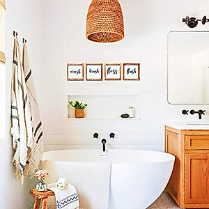 Athena's Elements Farmhouse Bathroom Wall Decor Wash, Brush, Floss, Flush Sign Modern Rustic Style Home Decoration Solid Wood Frame 32 x 7 inches or 15 x 15 inches (Set of 4)