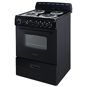 Avanti ERU240P1B Electric Range Oven Compact Design, 2.6-Cu.Ft. Capacity with 4 Coil Burners, Framed Glass Door, Storage Drawer and Broiler with Pan Perfect for Apartment RV Tiny Home, 24-Inch, Black