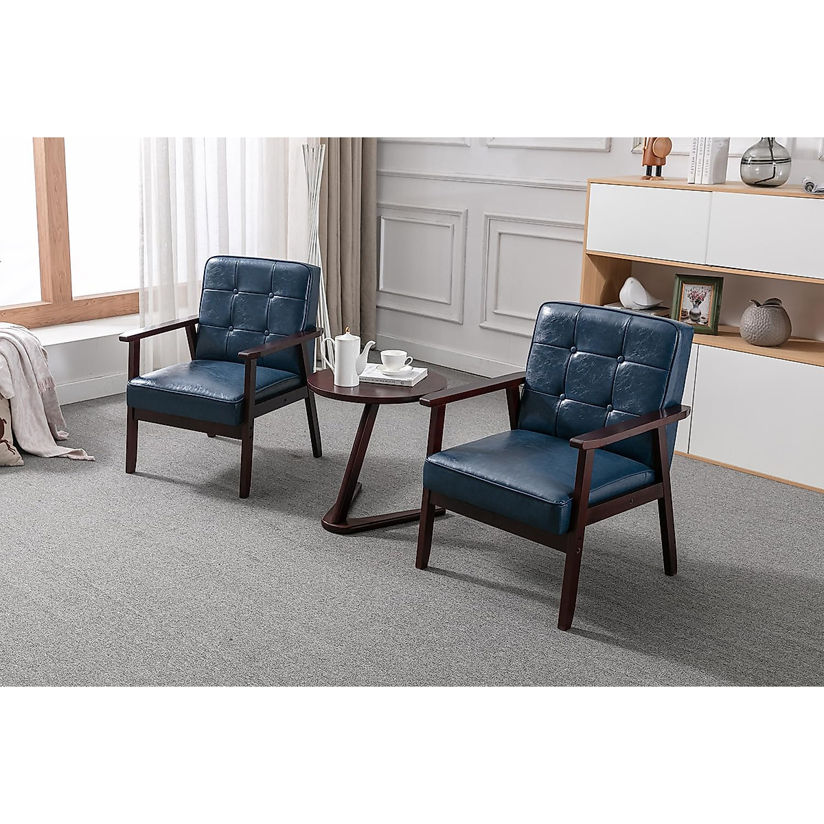 Okeysen Mid Century Modern Accent Chairs, Retro Wood and Leather Armchairs Side Chair, Lounge Reading Comfy Arm Chair for Living Room, Bedroom, Office (Blue)