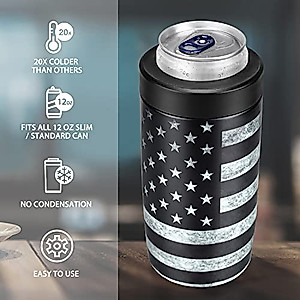 4-in-1 Slim Can Cooler Easy to Hold Insulated Beer Can Holder Double-walled Stainless Steel for All 12 Oz Cans (Black America Flag 2)