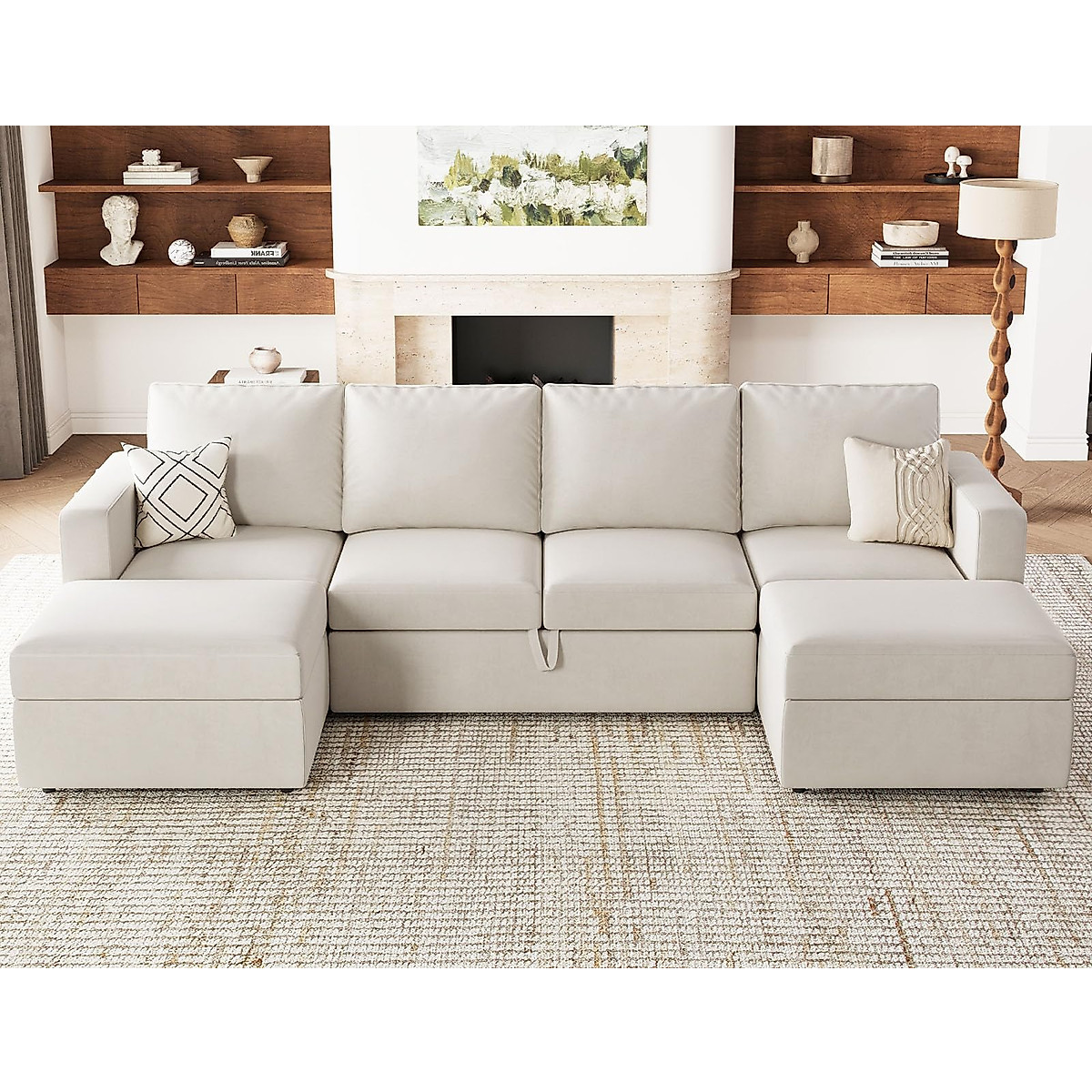 Belffin U Shaped Sectional Sleeper Sofa with Pull Out Bed Convertible Velvet Modular Sectional Couch Bed with Storage Ottoman Beige