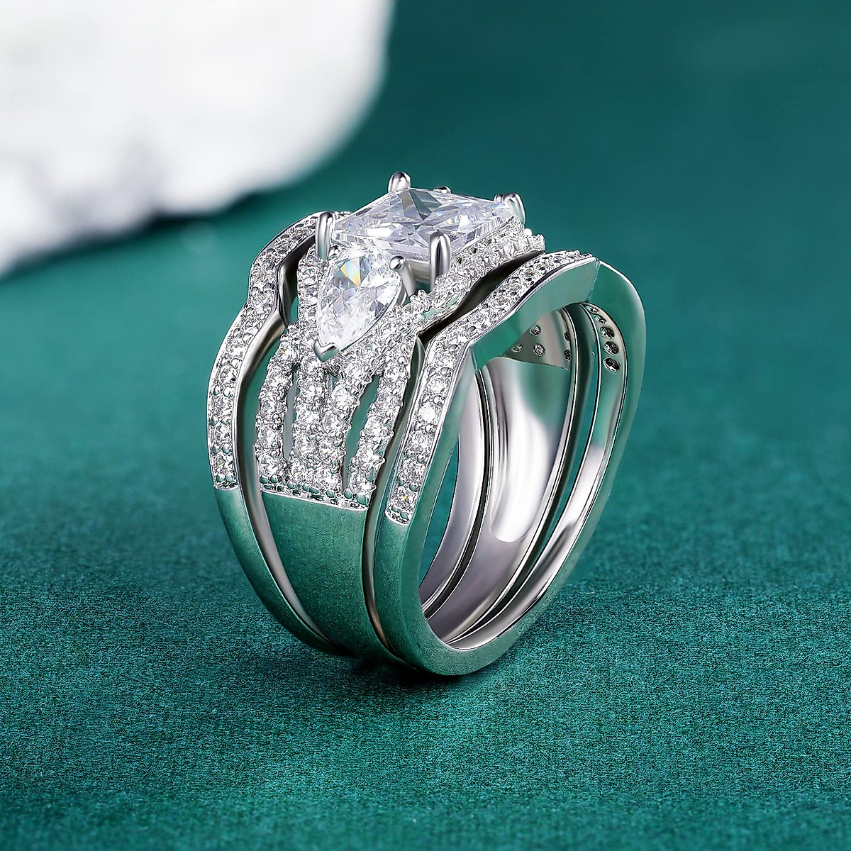 MDFUN Three-In-One Square Wedding Engagement Ring,18K White Gold Plated Cubic Zirconia Promise Eternity Ring for Women (8)