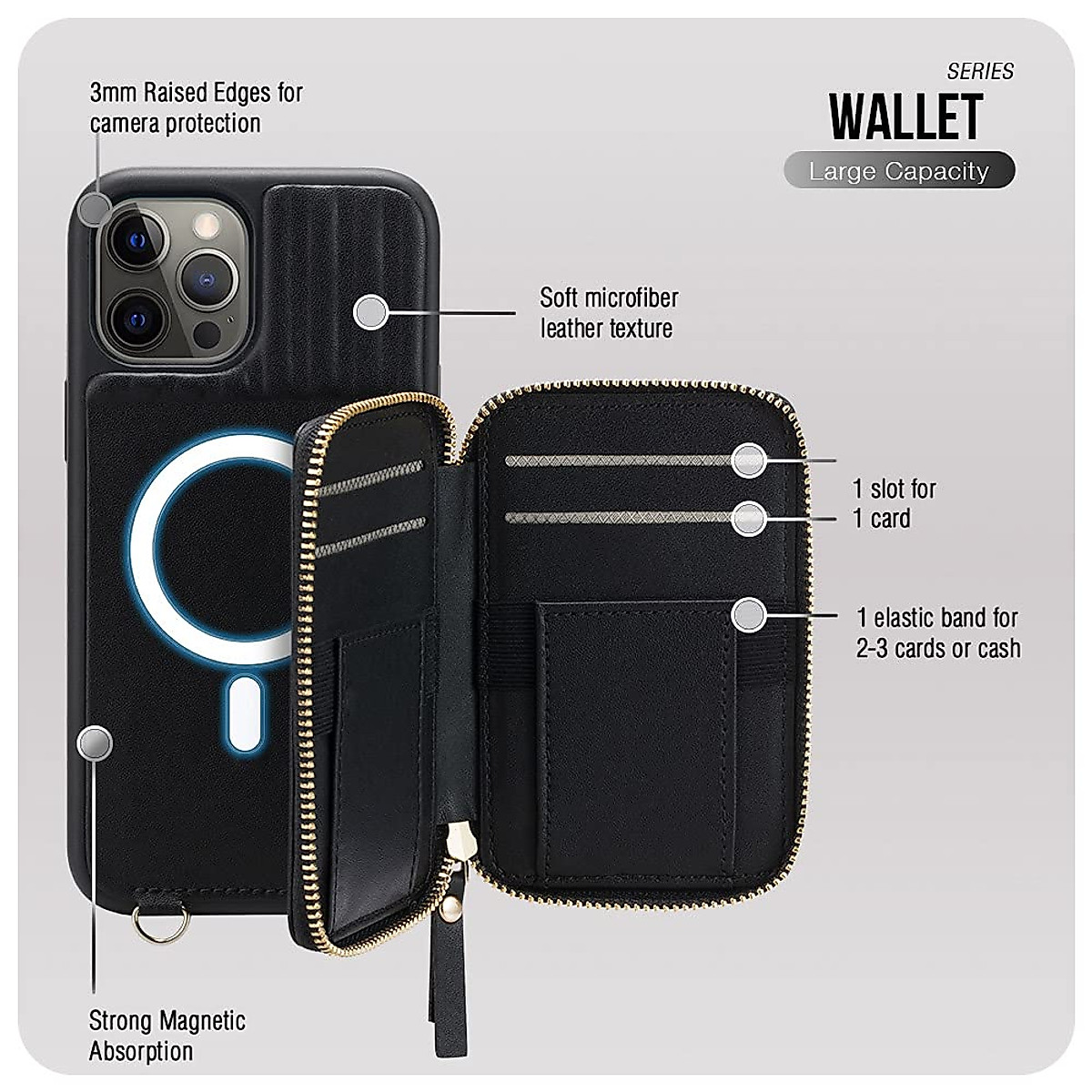 JLFCH for iPhone 12 Pro Max Wallet Case with Crossbody Chain Wrist Strap Card Holder Zipper Purse Compatible with Apple iPhone 12 Pro Max 6.7 inch - Black