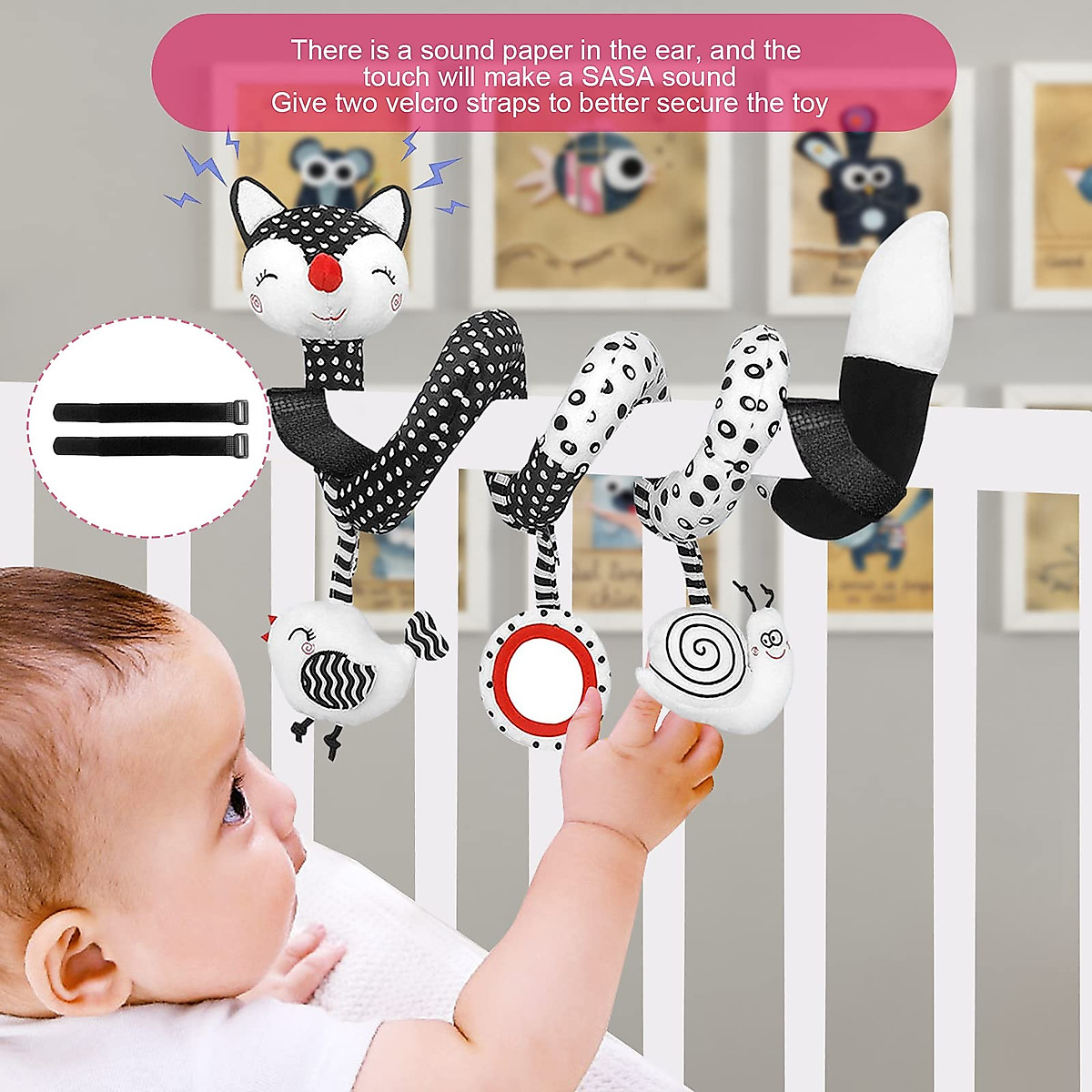 Car Seat Toys, Baby Activity Spiral Plush Toys, Black White Infant Hanging Rattle Toys for Crib Mobile Bed Stroller Bassinet, Gift for 0-18 Months Newborn