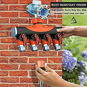 DBR Tech 4 Way Garden Hose Splitter for Outdoor Lawn and Gardening Hoses, Heavy Duty Metal Faucet Attachment, Leak Resistant Threading with Shut Off Valves, Four Way Spigot Adapter Full Flow, Orange