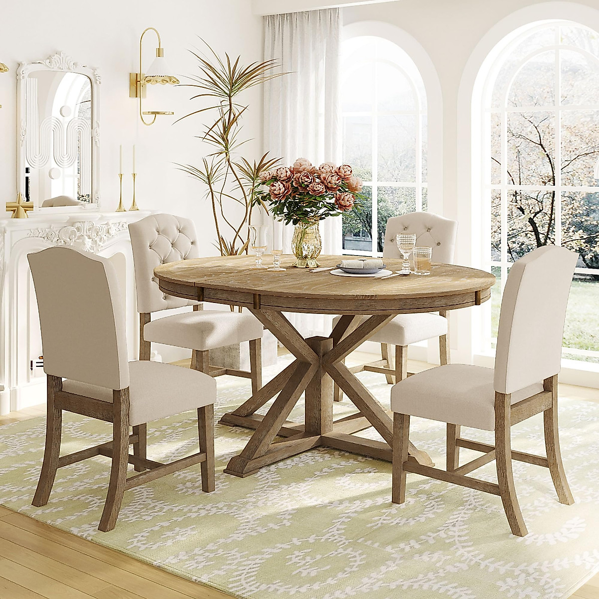 P PURLOVE 5 Pieces Round Dining Table Set for 4, Wood Extendable Table and 4 Upholstered Chairs for Dining Room and Living Room, Farmhouse Dining Set (Natural Wood Wash)