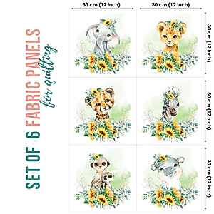UNIQUE Sunflower Safari Fabric Panel Set (6 Panels, 12x12 in Each), Quilting Panels, Baby Quilt Panels, Cotton Baby Panels, Cotton Fabric Panels for Quilting