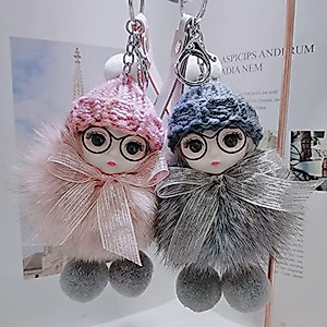 Rertnocnf Cute Kawaii Glasses Doll Backpack Car Key Keychain Kids Girls Women Lover Cartoon Soft Plush Handbag Wallet Hanging Accessories for Gifts Presents Light Pink
