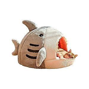 QWINEE Cat Mat Shark-Shaped Kennel Kitten Bed Hideout House Warm Soft Comfortable Semi-Closed Cat Dog Nest Grey Small