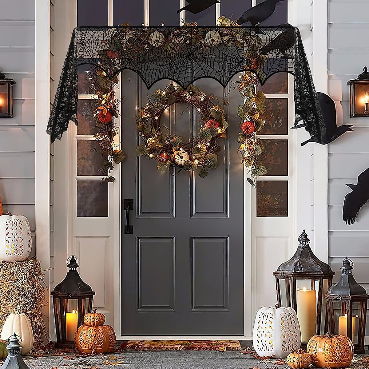 Halloween Mantle Scarf, Black Lace Spiderweb Fireplace Mantel Scarf,Halloween Mantel Decor for Cloth Table Runner,Halloween Decorations Indoor Festive Party Supplies Door Window Curtain,96 x 18 Inch