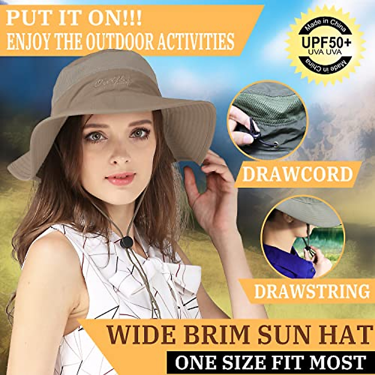 Wide Brim Sun Hat for Women and Men Summer Bucket Hats with UV Protection UPF 50+ for Fishing Hiking Beach Hats Kahki