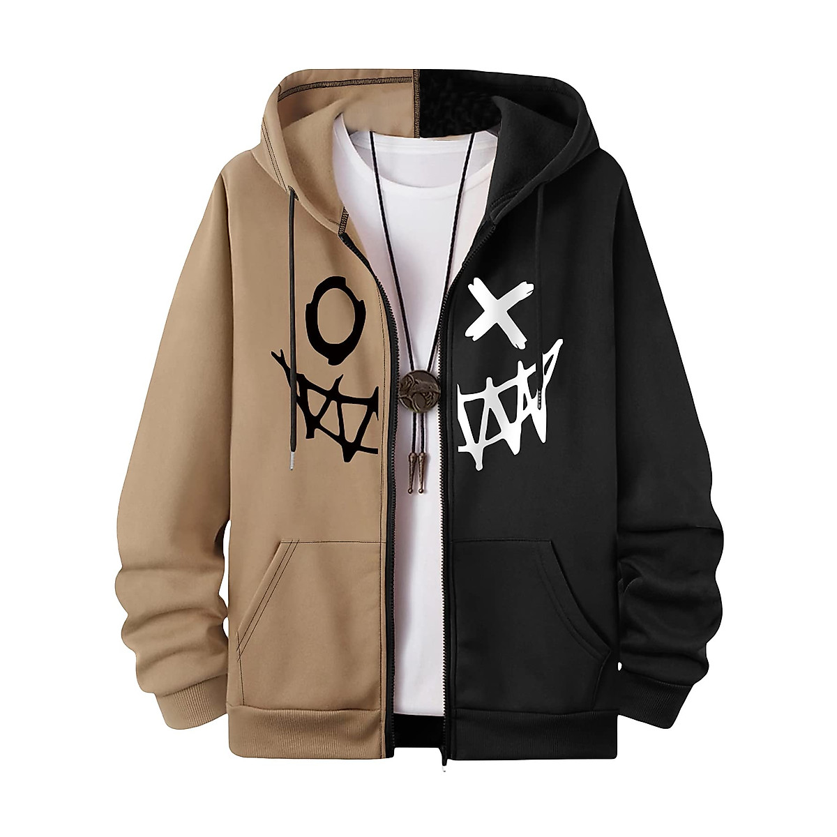GORGLITTER Men's Color Block Long Sleeve Zip Up Hoodie Cartoon Graphic Drawstring Hooded Sweatshirt Tops Black and Khaki Medium