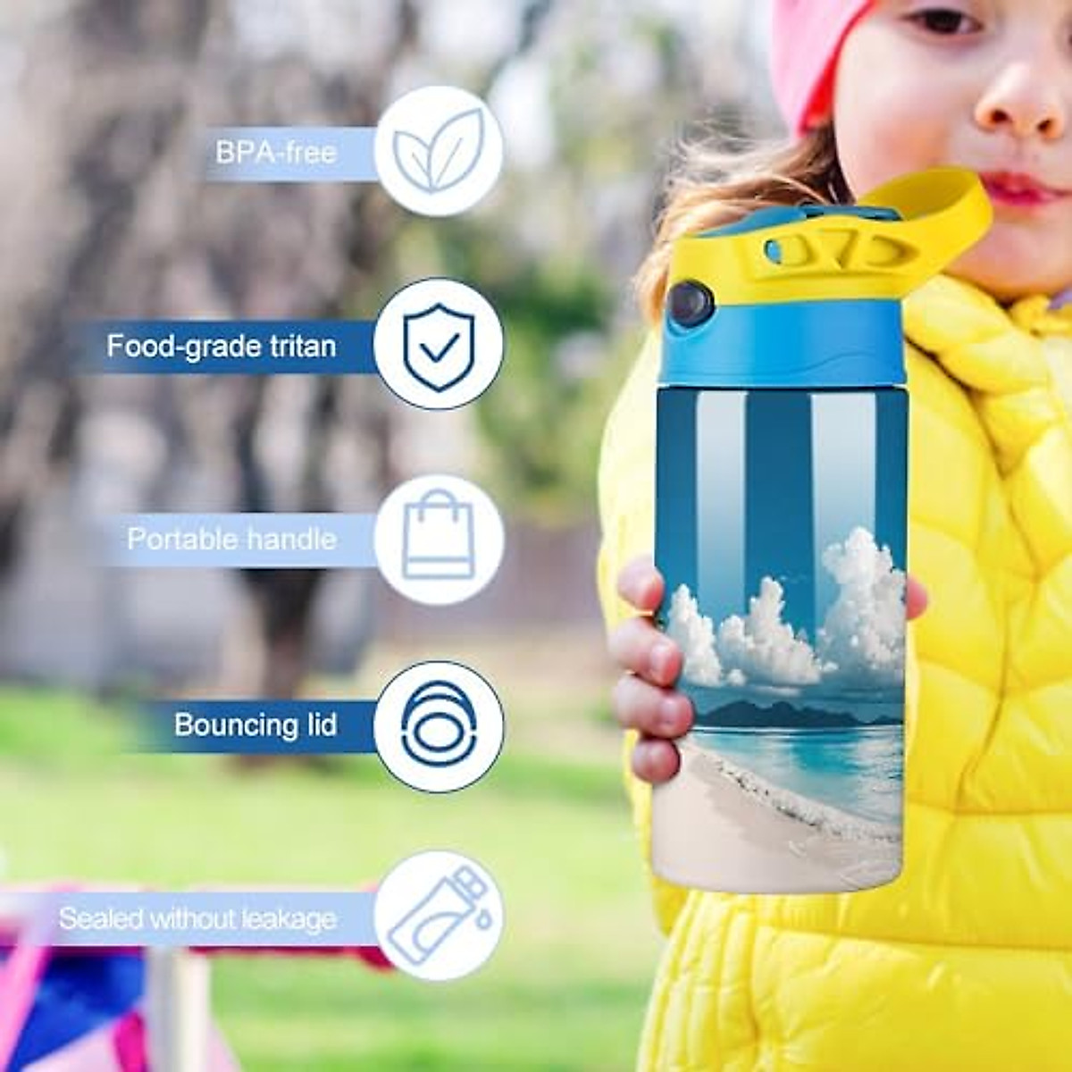 Stainless Steel Water Bottles White Beach Tropical Sea Travel Water Cups with Handle And Silicone Straw Drinking Cup with Leak Proof Lid Thermo Travel Mug for Women Men