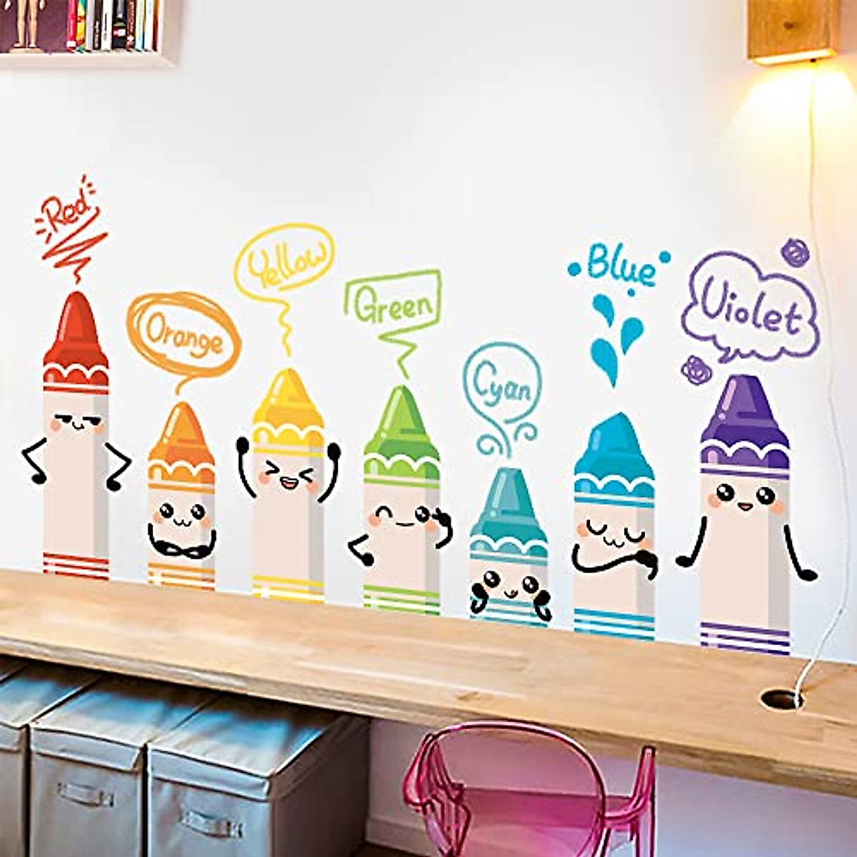 Crayon Color Wall Decals for Kids Rooms - Cartoon Wall Stickers for Baby Bedroom Wardrobe Door Decor DIY Mural Decals Color Discrimination Educatione Nursery Playroom Decoration Wall Stickers