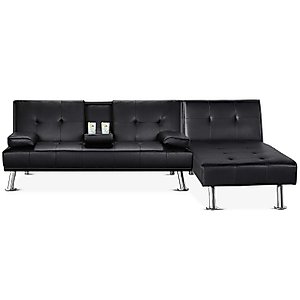Yaheetech Faux Leather Sectional Sofa Couch Sectional Living Room Furniture Set Convertible Futon Sofa Beds with Chaise Lounge Black