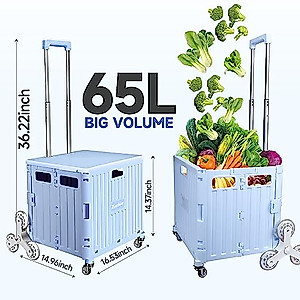 Honshine Foldable Cart with Stair Climbing Wheels, Collapsible Rolling Crate with Telescoping Handle, Handcart for Grocery Book File Tool Art Supplies(Blue)