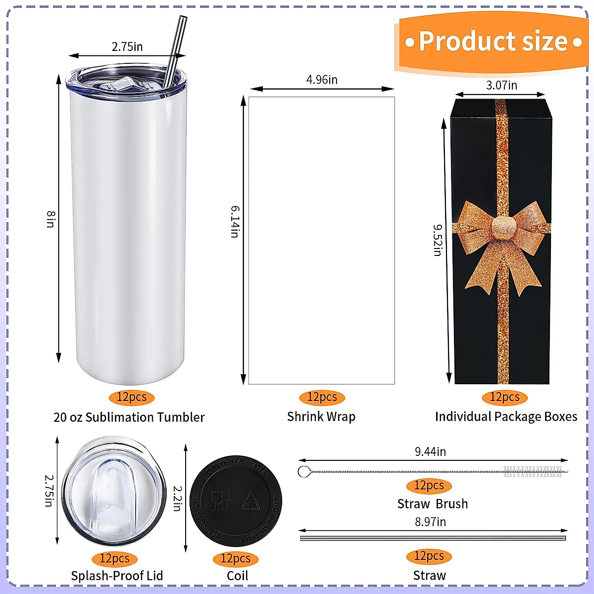Needbrock Sublimation Tumblers Blank 20oz, 12 Pack Straight Skinny Double-Walled Insulated Tumblers Blank White with Individually Gift, Lids, Straw, Rubber Bottoms