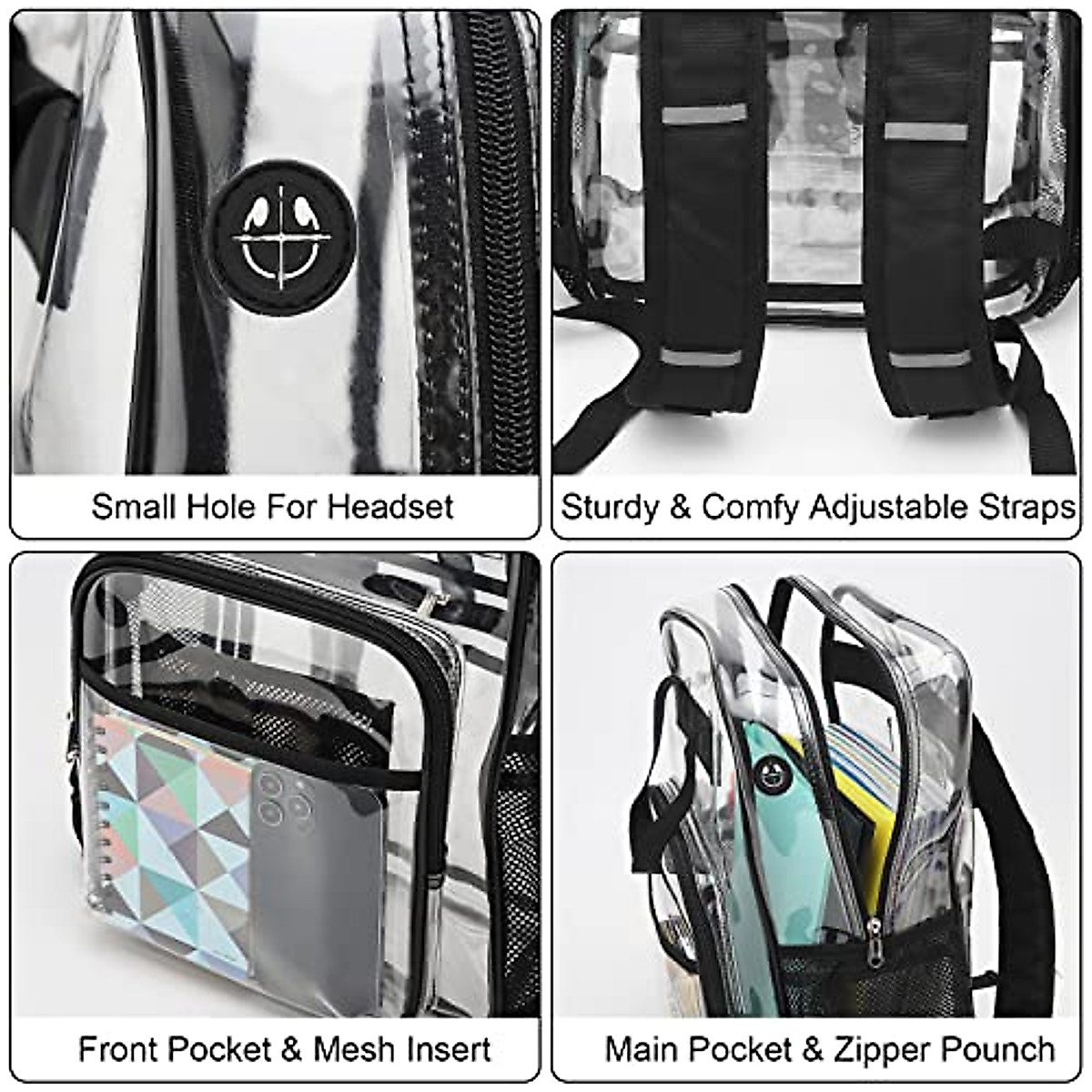 SharPlus Clear Backpack Large Heavy Duty Transparent See Through Plastic PVC Book Bag for School, Work, Stadium, Security, Travel-1 mm Thick PVC- 2 Ways Zippers