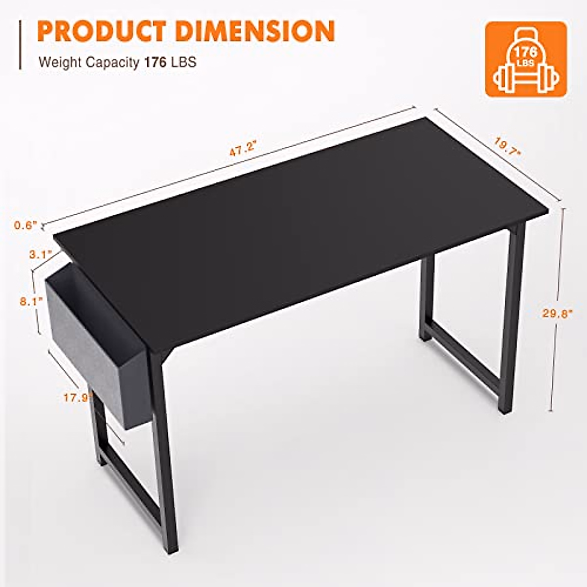 Sweetcrispy Computer Desk 47 Inch Home Office Desk Writing Desk Sturdy Gaming Desk Table Workstation, Work Desk with Storage Bag, Headphone Hook & Metal Frame, Black
