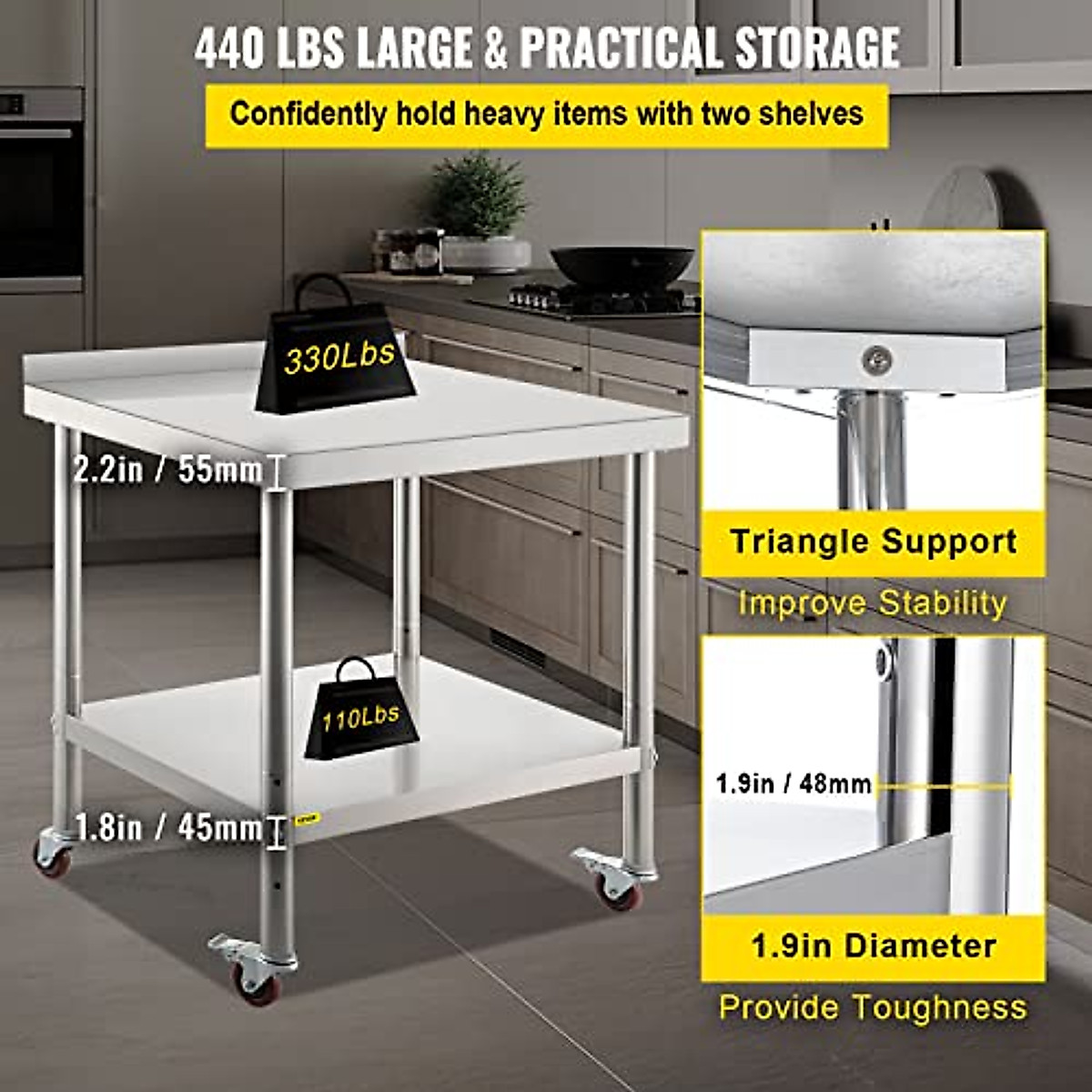 VEVOR Stainless Steel Prep Table, 24 x 15 x 35 Inch, 440lbs Load Capacity Heavy Duty Metal Worktable with Backsplash Adjustable Undershelf & 4 Casters, Commercial Workstation for Kitchen Restaurant