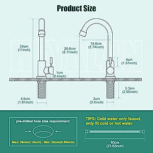 Brushed Nickel Kitchen Faucet Cold Water Only 1 Hole Single Handle 360 Degree Swivel Spout Deck Mount High Arc SUS304 Sink Bar Tap Goose Neck with Hose and Longer Thread Pipe