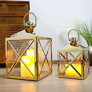 TRIROCKS Set of 2 Stainless Steel Candle Lanterns-19x12''&13x8'' High, Elegant Outdoor Metal Candle Holders with Tempered Glass for Home Decor, Living Rooms, Parties, and Indoor/Outdoor Events (Gold)