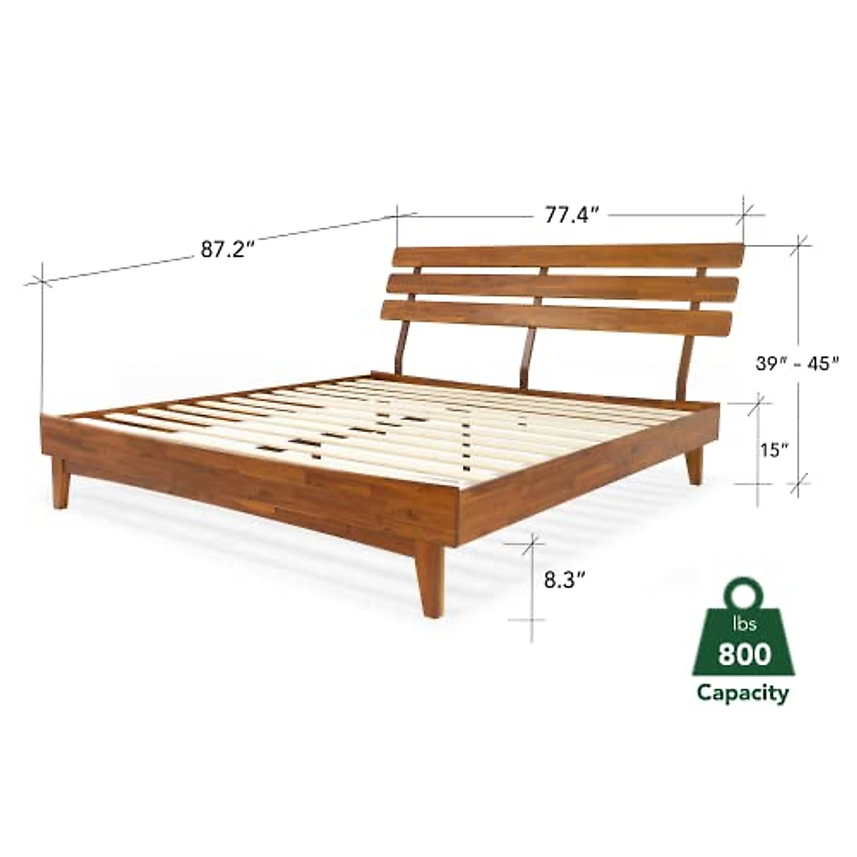 Bme Caden 15 Inch Deluxe Bed Frame with Adjustable Headboard - Mid Century, Retro Style with Acacia Wood - No Box Spring Needed - 12 Strong Wood Slat Support - Easy Assembly - Caramel, King