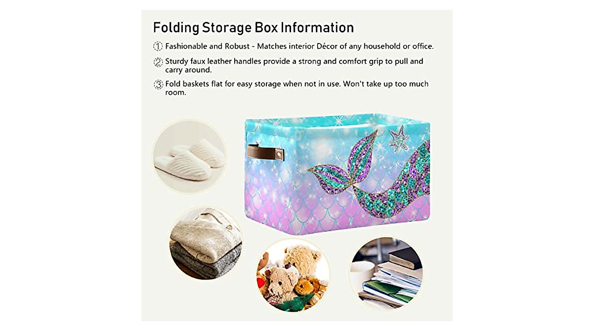 Rectangular Storage Basket with Leather Handles - Mermaid Fish Scale Design