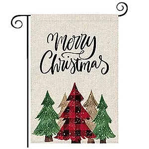 Merry Christmas Garden Flag Buffalo Plaid Tree 12x18 Double Sided, Rustic Xmas Farmhouse Seasonal Holiday Small Mini Burlap Yard Flag for Outside Outdoor Decoration
