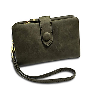 Ladies Wallet RFID Blocking Women Leather Wristlet, Army Green, Size Medium
