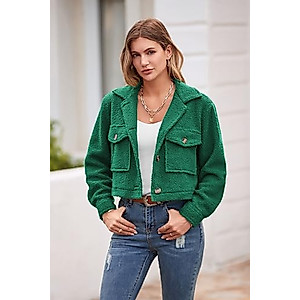 PRETTYGARDEN Womens Fall Clothes Sherpa Shacket Jacket Fuzzy Lapel Button Down Cropped Coat Winter Outerwear (Green,Large)