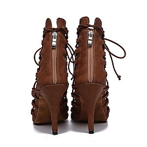 RUYBOZRY Women's Open Toe Latin Dance Boots Lace up Salsa Ballrooom Performence Practice Party Dance Shoes,YCL529-Brown-10,US 7.5