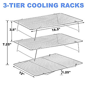 Tebery 304 Grade Stainless Steel Baking Rack 3-Tier Stackable Cooling Rack Set for Baking Cooking Grilling - 16.5" x 12"