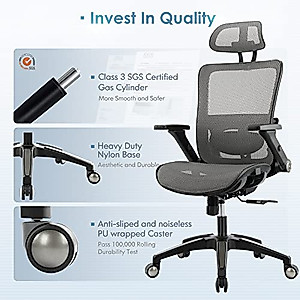 Ergonomic Mesh Office Chair, High Back Computer Executive Home Desk Chair with Headrest and 4D Flip-up Armrests, Adjustable Tilt Lock and Lumbar Support-Grey