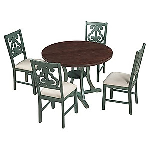 WOZNLA 5-Piece Round Table Set for 4-Special-Shaped Legs, Exquisitely Designed Hollow Chair Back in Dining Room, Antique Blue