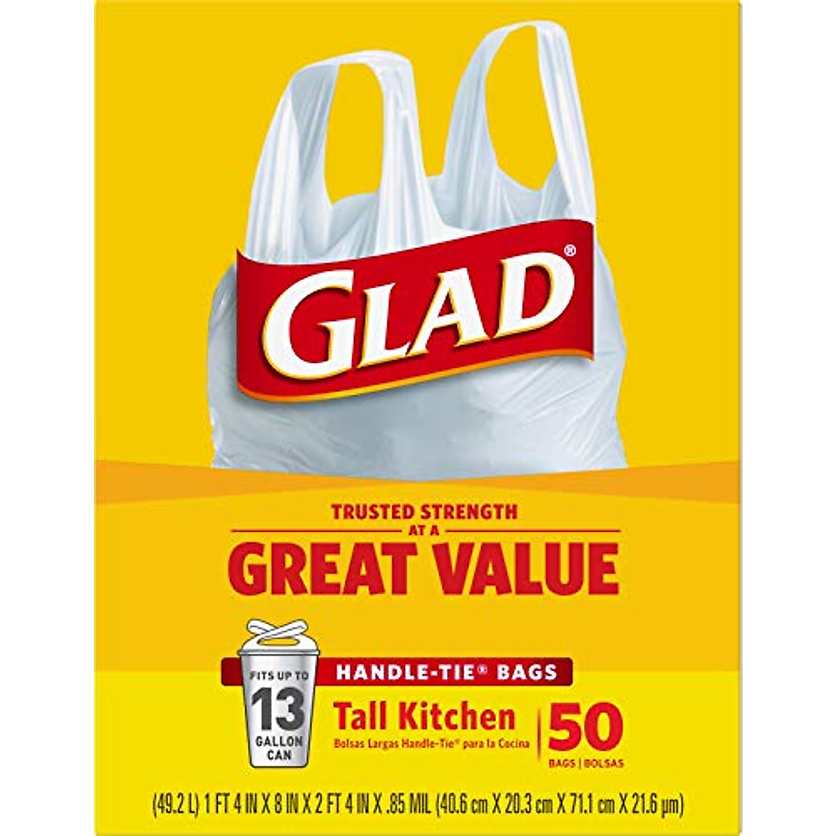 GLAD Tall Kitchen Trash Bags, 13 Gallon Handle Tie Trash Big for Kitchen, Unscented, 50 Count (Pack of 4)